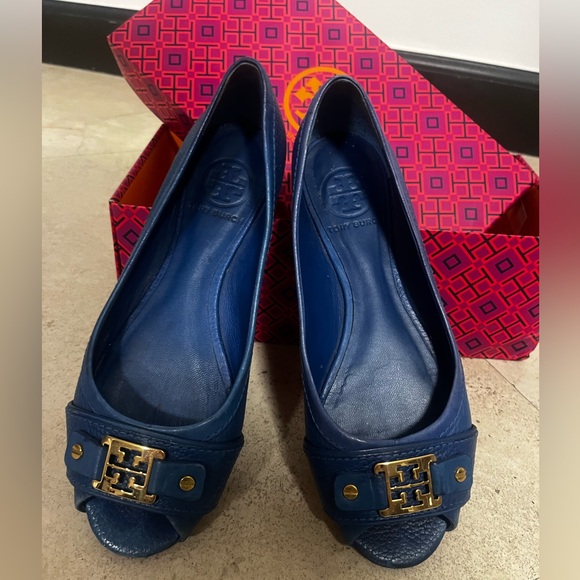 Tory Burch | Shoes | Tory Burch Navy Peep Toe Heels With Gold Accent ...
